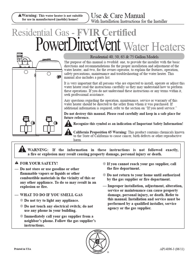 PRO+ Power Direct Vent Install | PDF | Water Heating | Valve