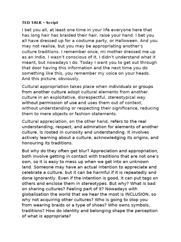 TED TALK SCRIPT About Cultural Appropriation Vs Cultural Appreciation ...