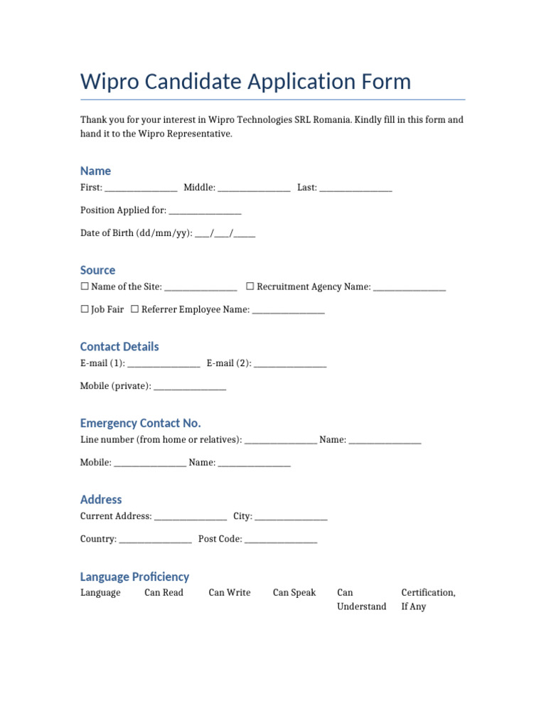 Wipro Candidate Application Form | PDF | Background Check | Business