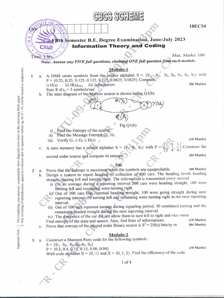 VTU Question Paper of 18EC54 Information Theory - Coding June-July-2023 ...