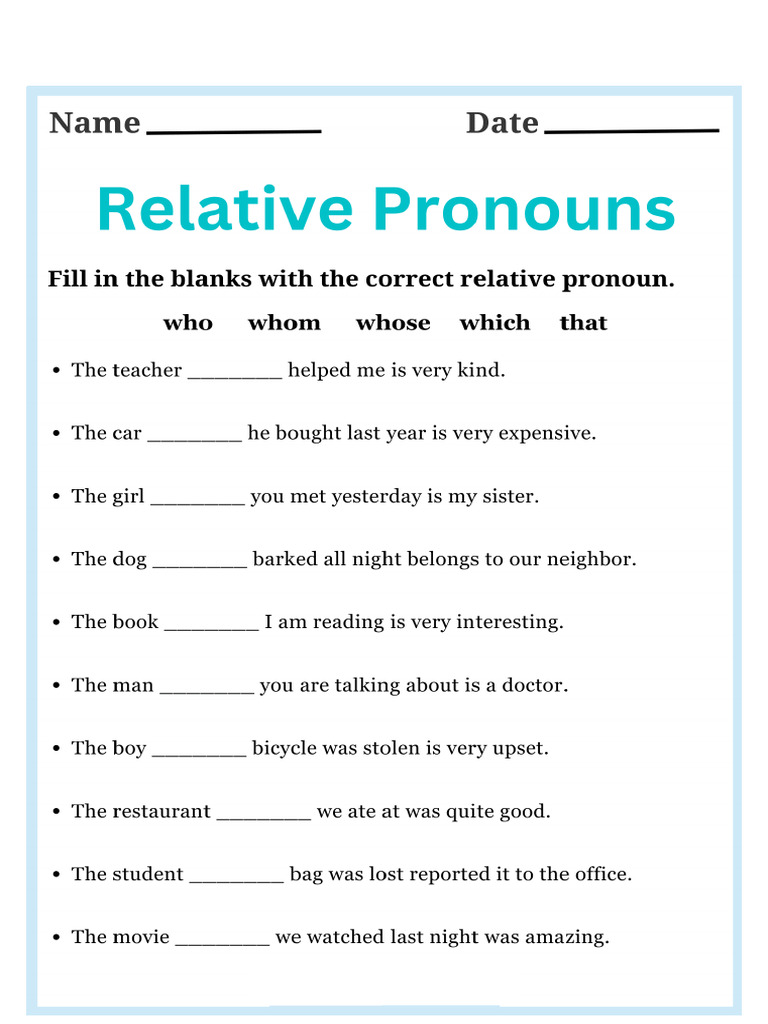 Relative Pronouns Worksheet | PDF