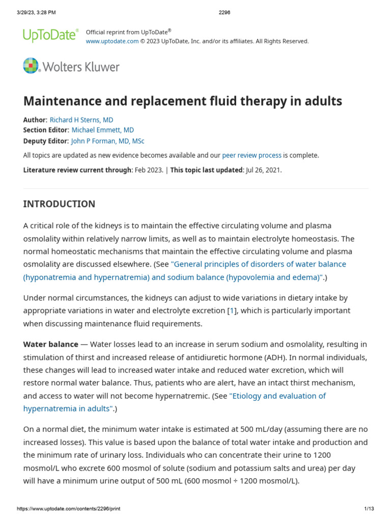 Maintenance and Replacement Fluid Therapy in Adults | PDF | Saline ...