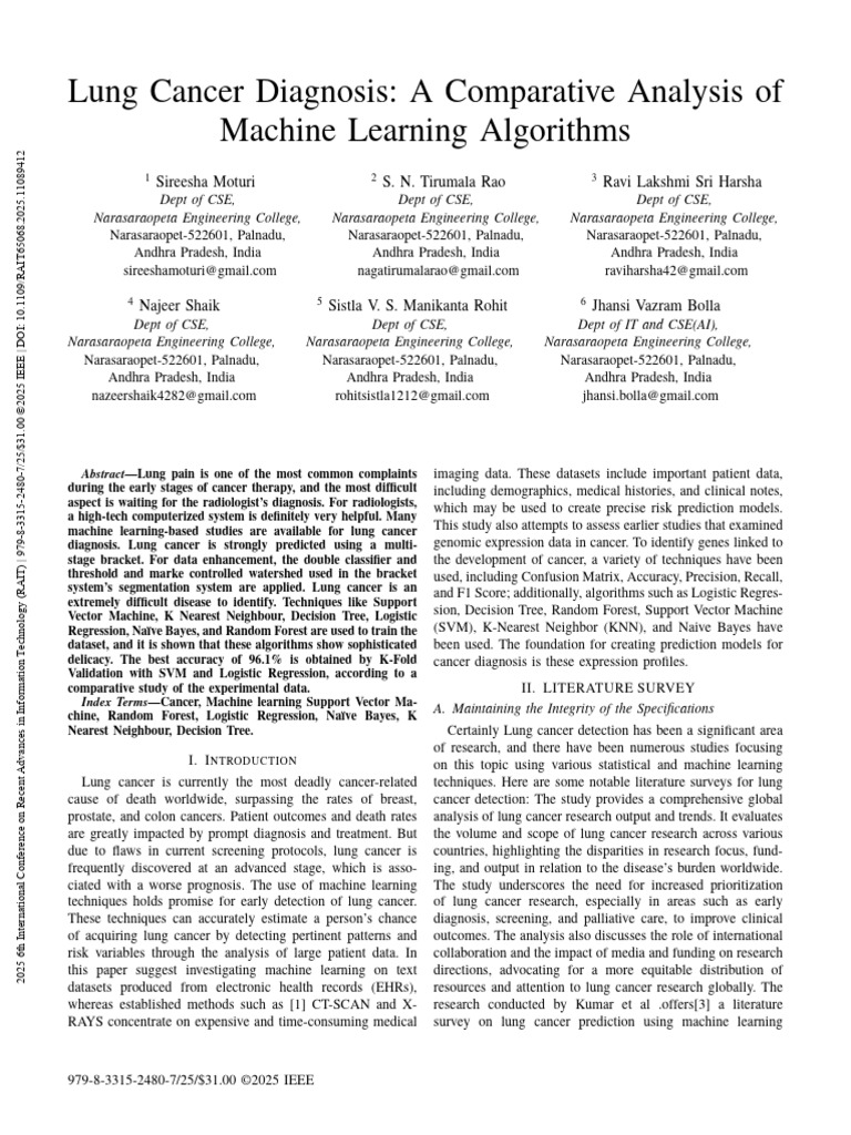 Lung Cancer Diagnosis A Comparative Analysis of Machine Learning Algorithms | PDF | Support ...