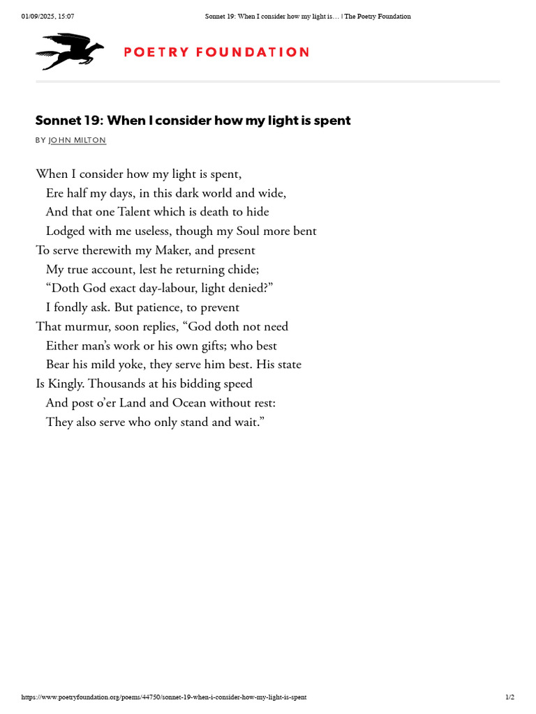 Sonnet 19 - When I Consider How My Light Is - The Poetry Foundation | PDF