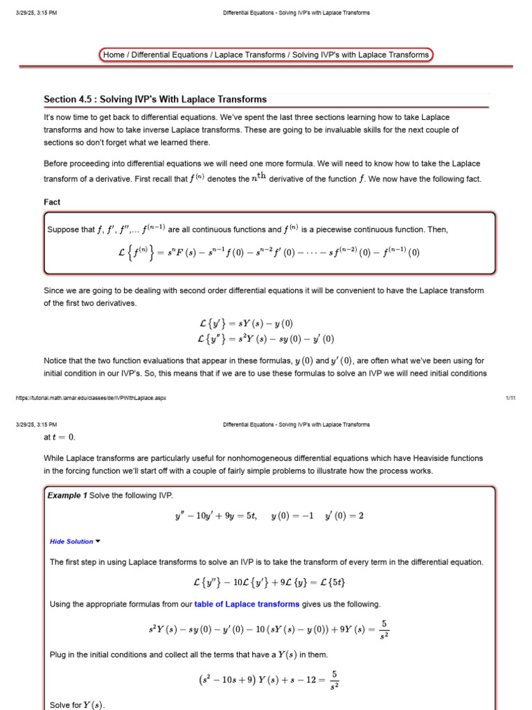 Solving IVPs with Laplace Transforms | PDF | Laplace Transform | Equations