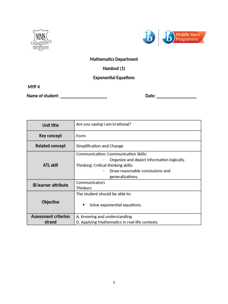 Exponential Equations for MYP 4 Students | PDF | Critical Thinking ...