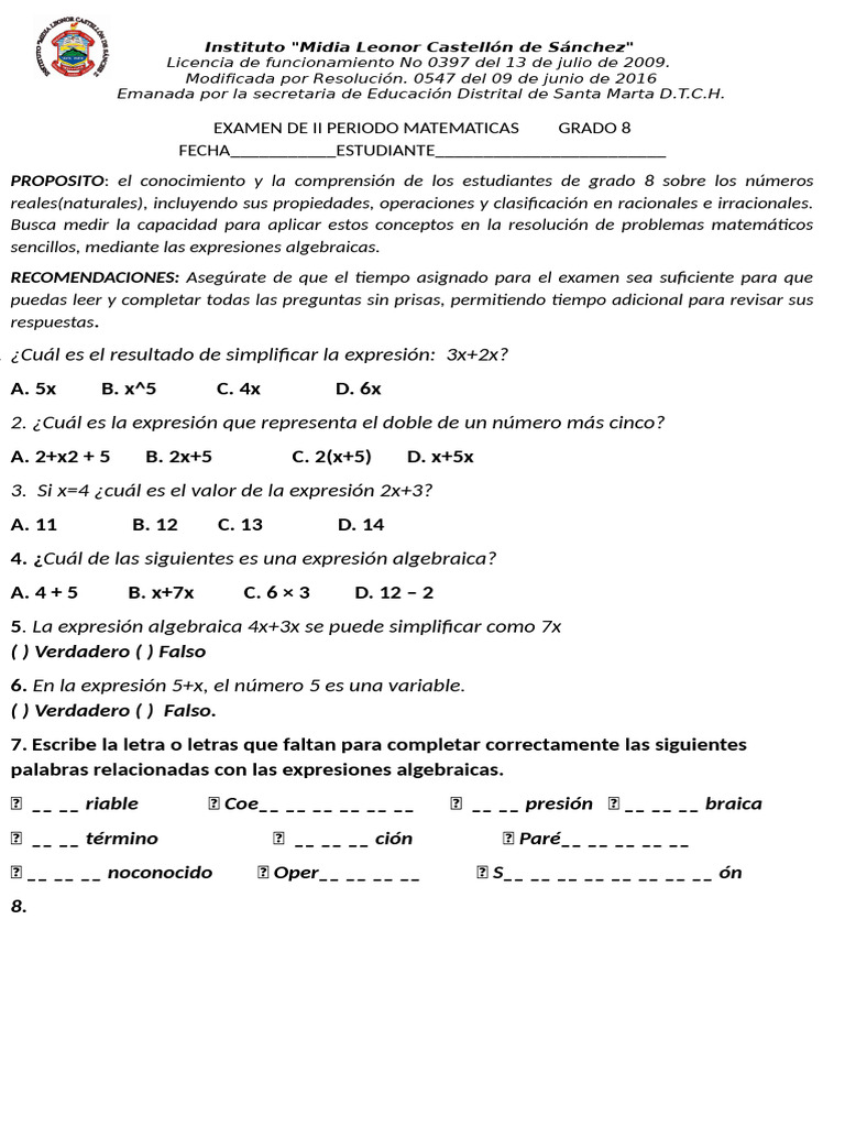 Examen de II Periodo Matematica 88 | PDF