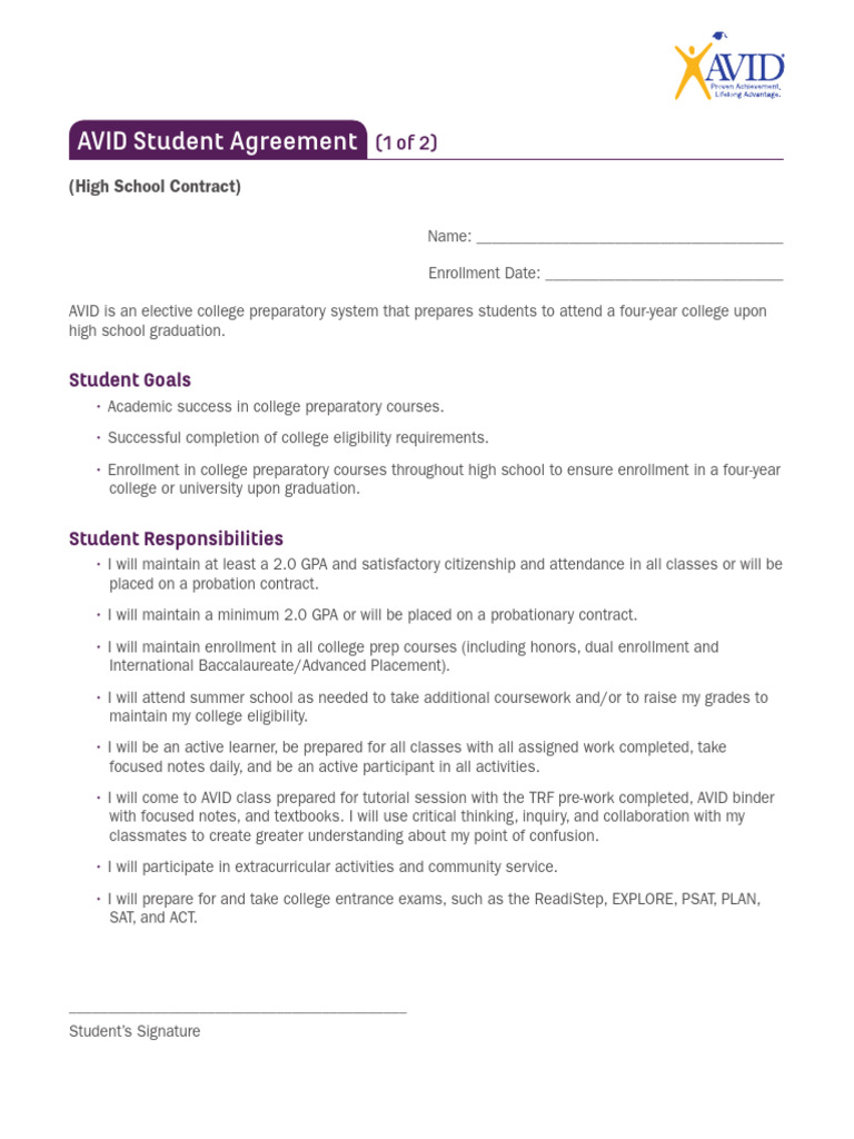 AVID Student Agreement | PDF | Students | Schools