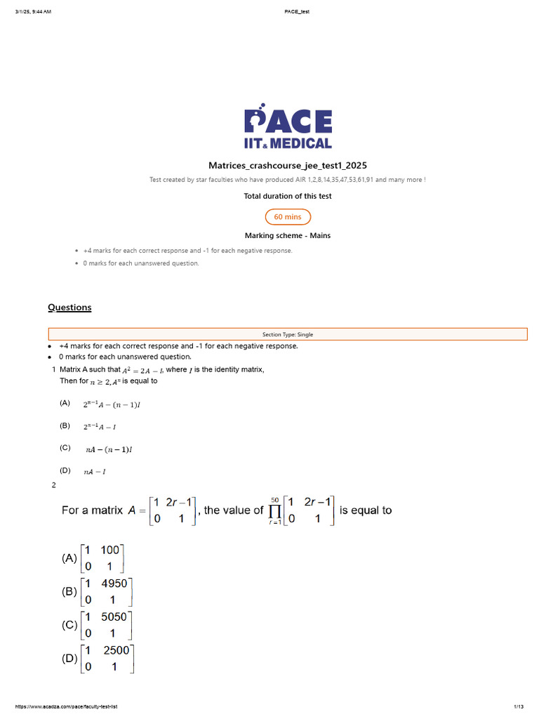 JEE 2025 Matrices Test Questions | PDF | Matrix (Mathematics ...