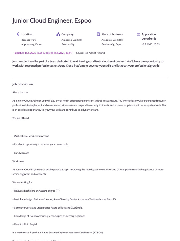Junior Cloud Engineer Position in Espoo | PDF | Cloud Computing ...