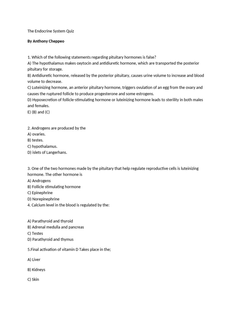 Endocrine System Questions | PDF | Endocrine System | Pituitary Gland