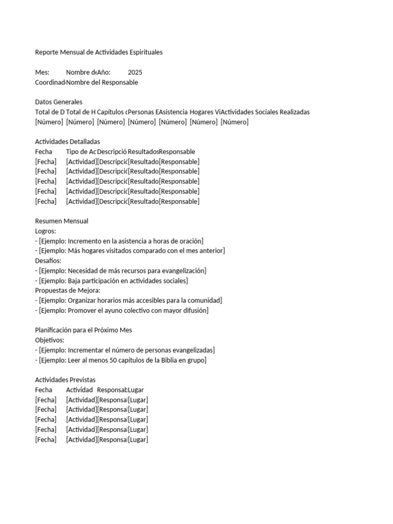 Reporte Mensual Actividades Espirituales | PDF