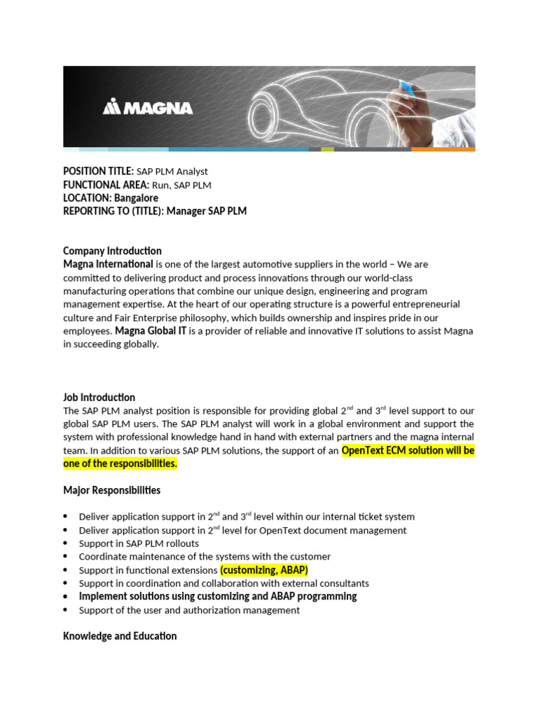 SAP PLM Analyst Job in Bangalore | PDF | Product Lifecycle | Business
