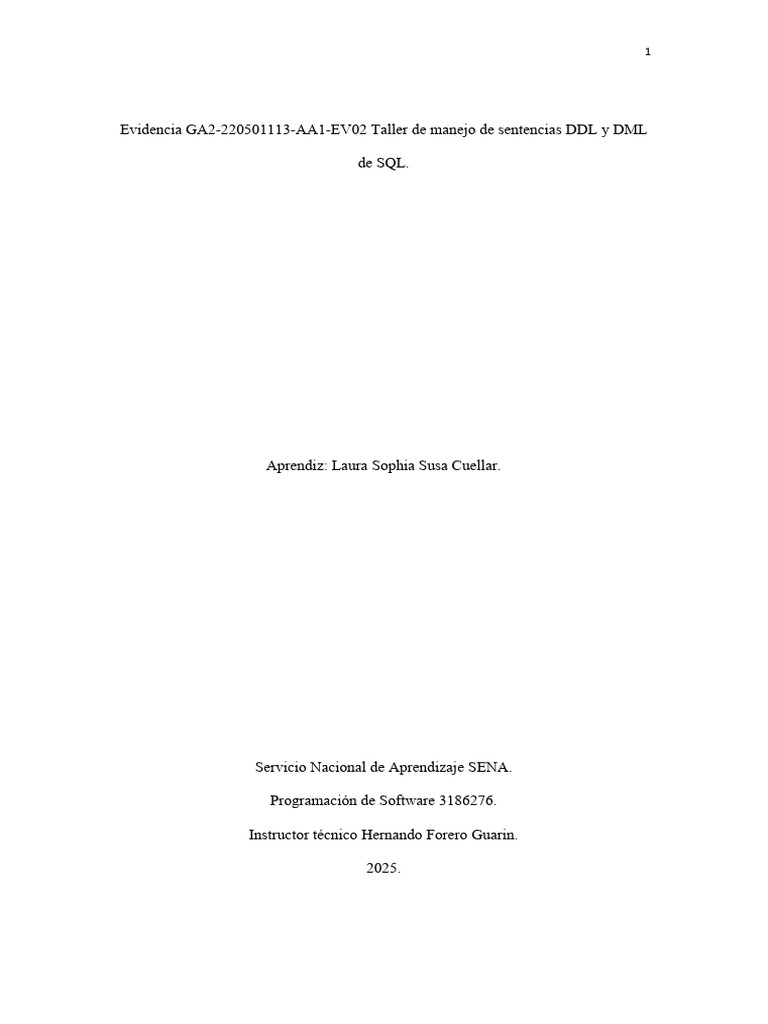 Taller de Manejo de Sentencias DDL y DML de SQL. GA2-220501113-AA1-EV02 | PDF | SQL | Software ...