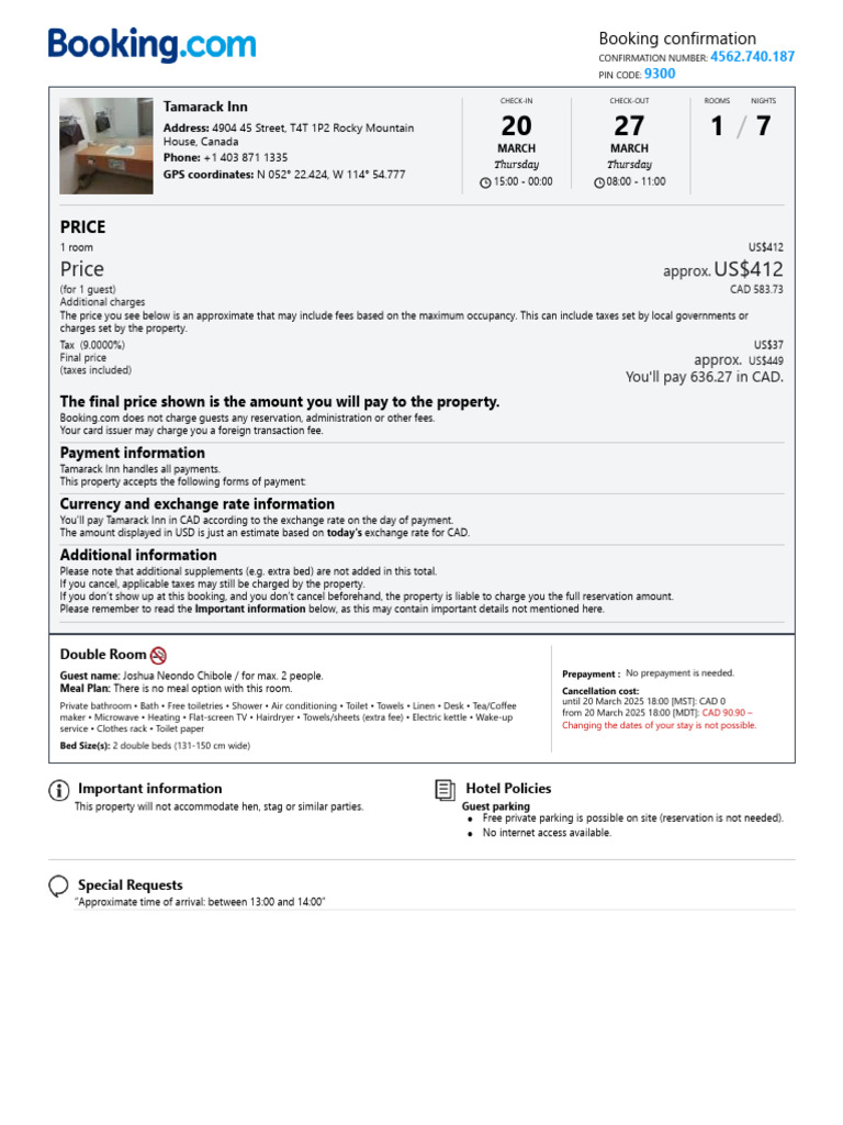 Tamarack Inn Booking Details and Pricing | PDF | Canadian Dollar ...
