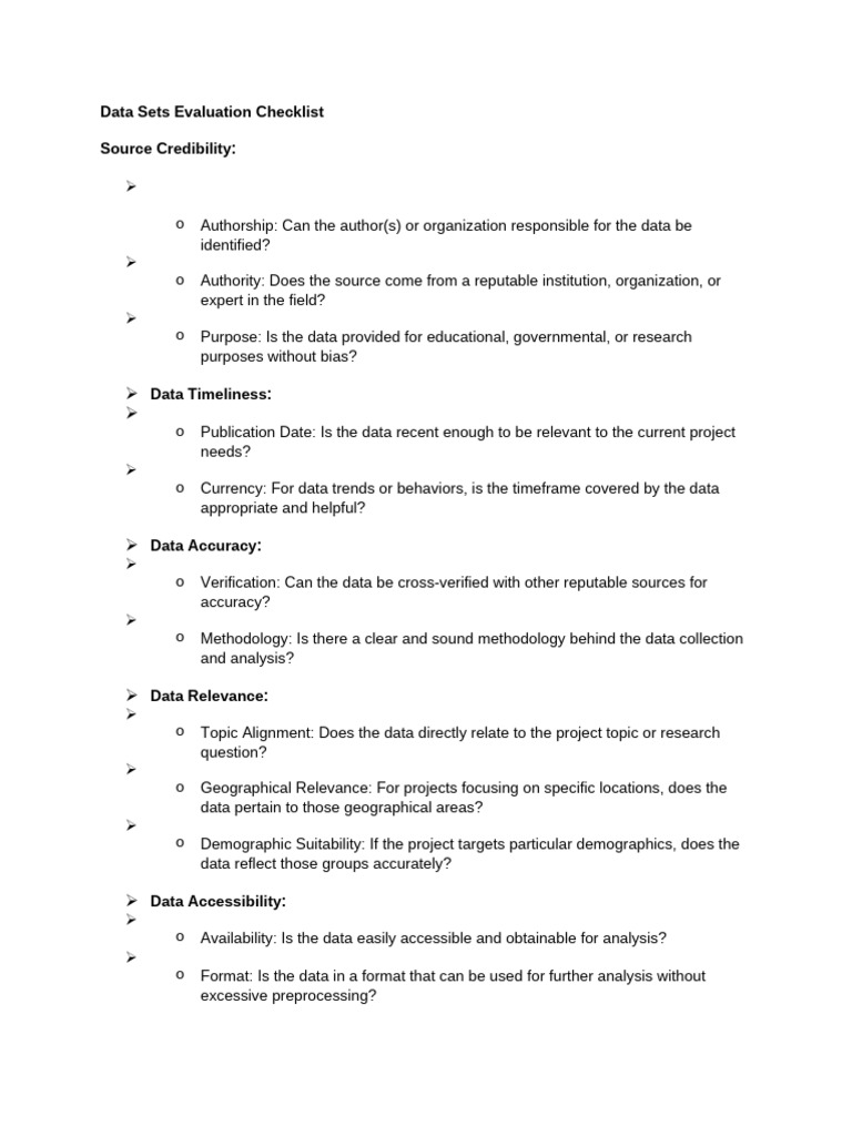 Data Sets Evaluation Checklist Guide | PDF