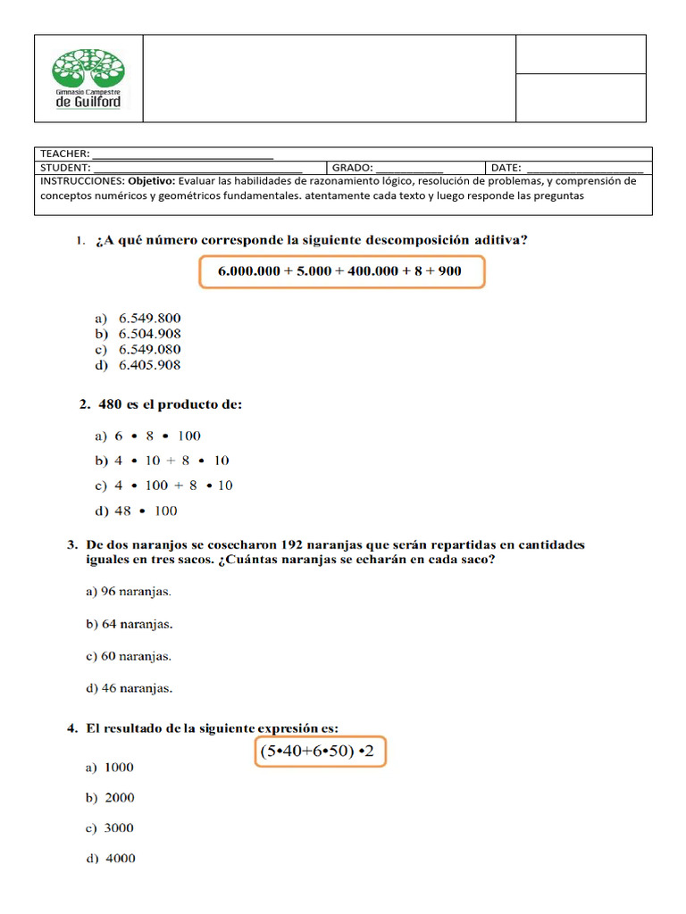 Prueba Diagnostica Matematicas | PDF