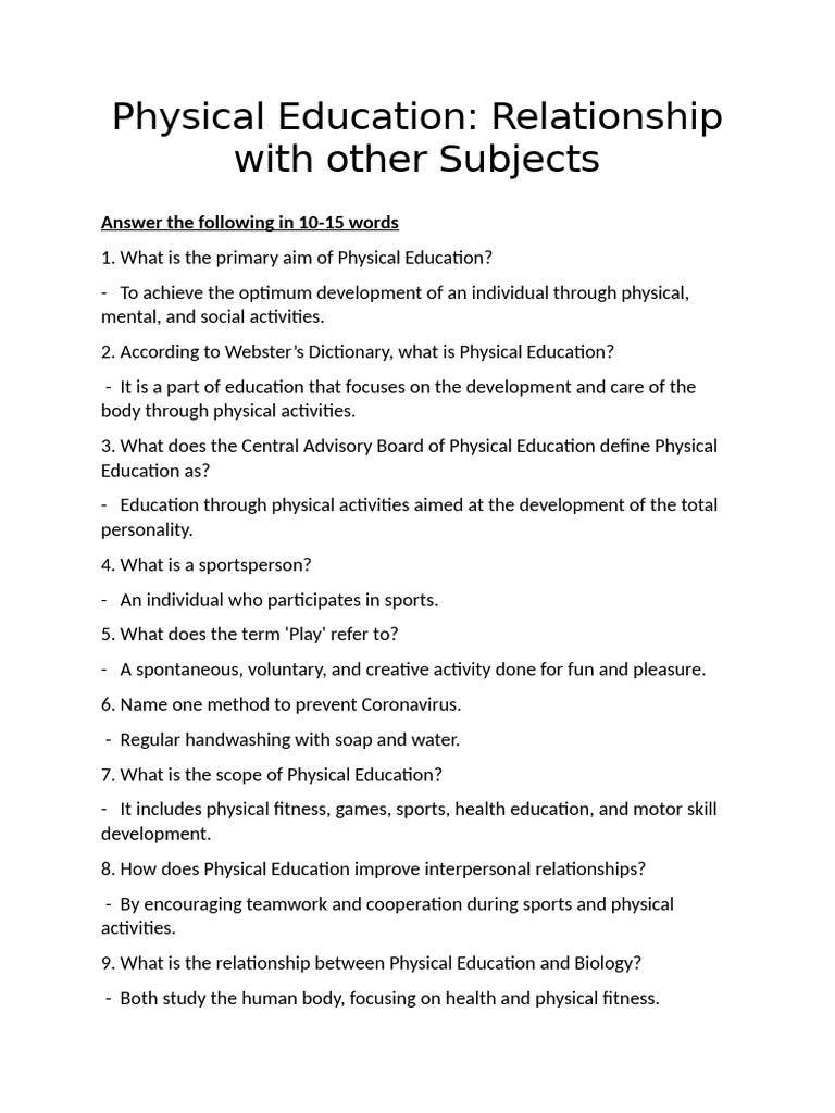 1 Chapter Notes Physical Education Relationship With Other Subjects ...