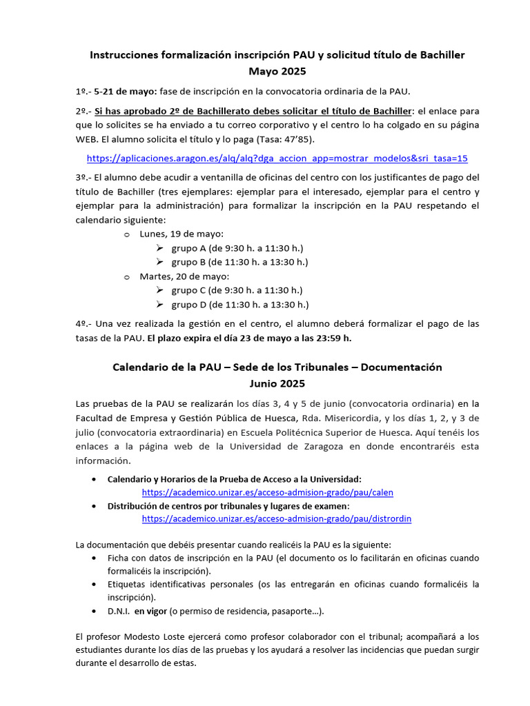 Instrucciones Formalizacion Inscripcion PAU y Solicitud Titulo de ...