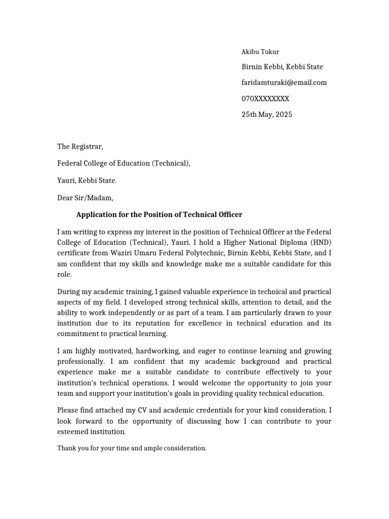 Application for Technical Officer Position | PDF