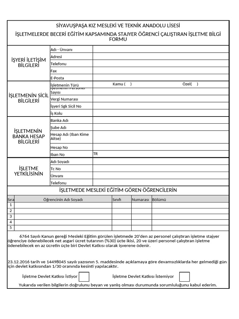 Staj Bilgi Formu | PDF