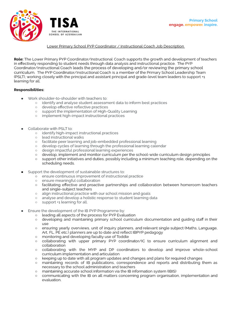 Lower Primary PYP Coordinator:Instructional Coach | PDF | Teachers | Curriculum