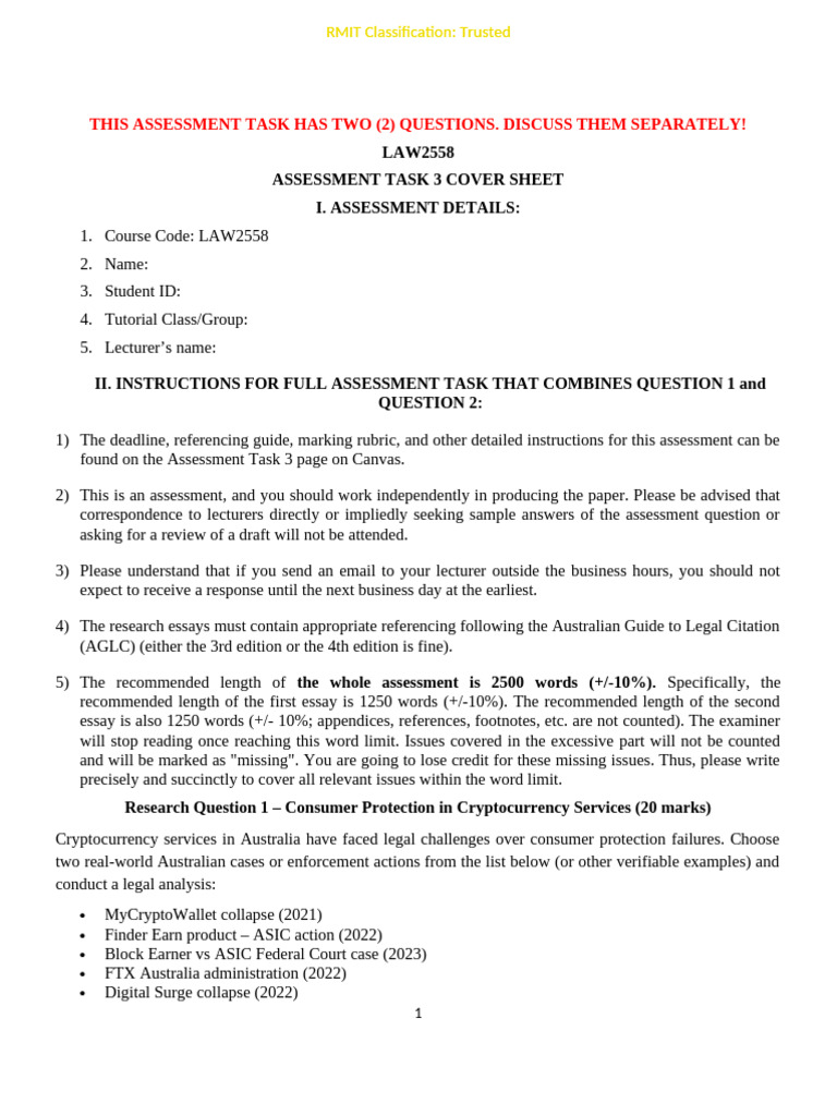 LAW2558 Assessment - Task - 3 Question 1 | PDF | Artificial ...