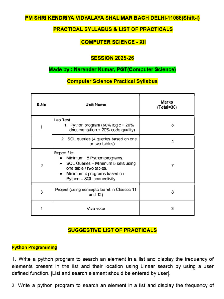 XII Computer Science 2025-2026 Practical List | PDF | Databases | Sql