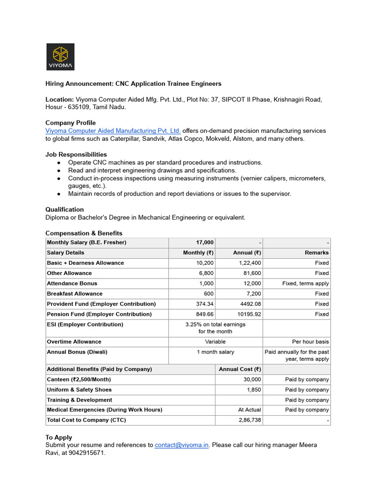 Viyoma Hiring CNC Application Trainee Engineers | PDF