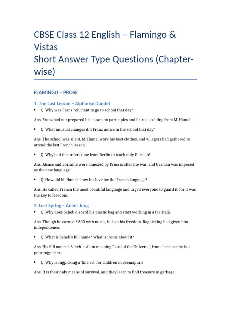 Class12 English AllChapters SAQs | PDF