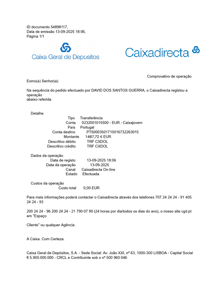 Comprovativo de Transferência Caixadirecta | PDF