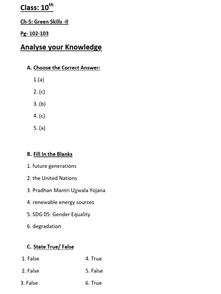 10th Grade Green Skills II Quiz Answers | PDF