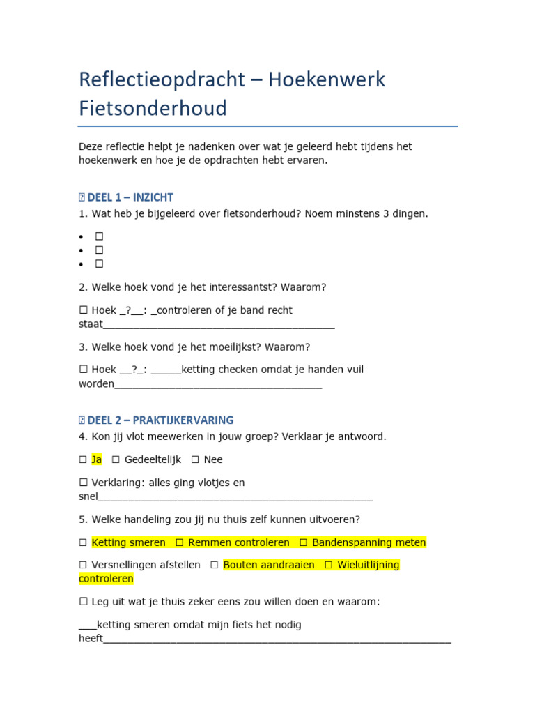 Reflectieopdracht Hoekenwerk Fiets | PDF