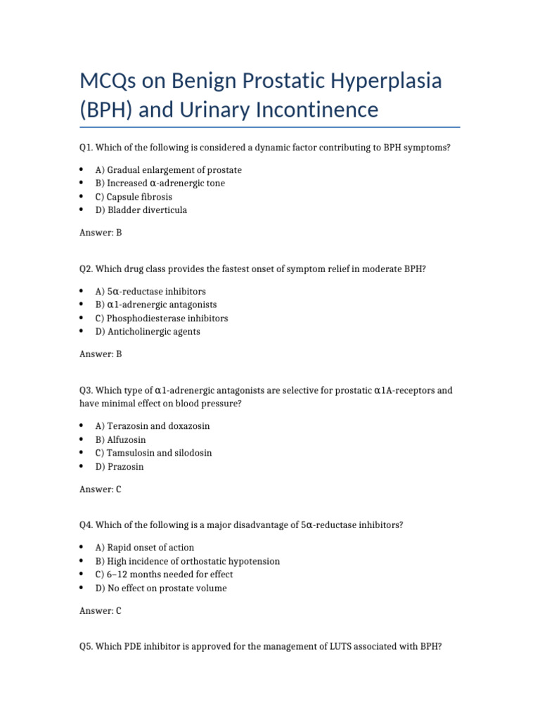 BPH UI 200 MCQs | PDF | Urinary Incontinence | Prostate