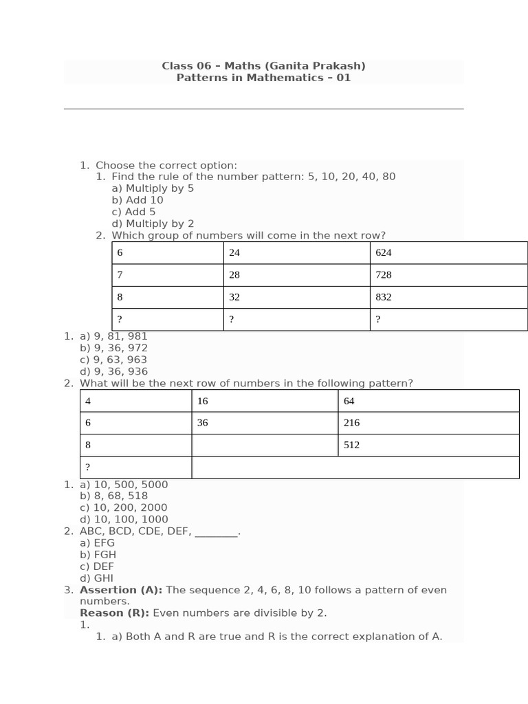 Patterns in Mathematics CH 1 Exam Practise | PDF | Mathematics