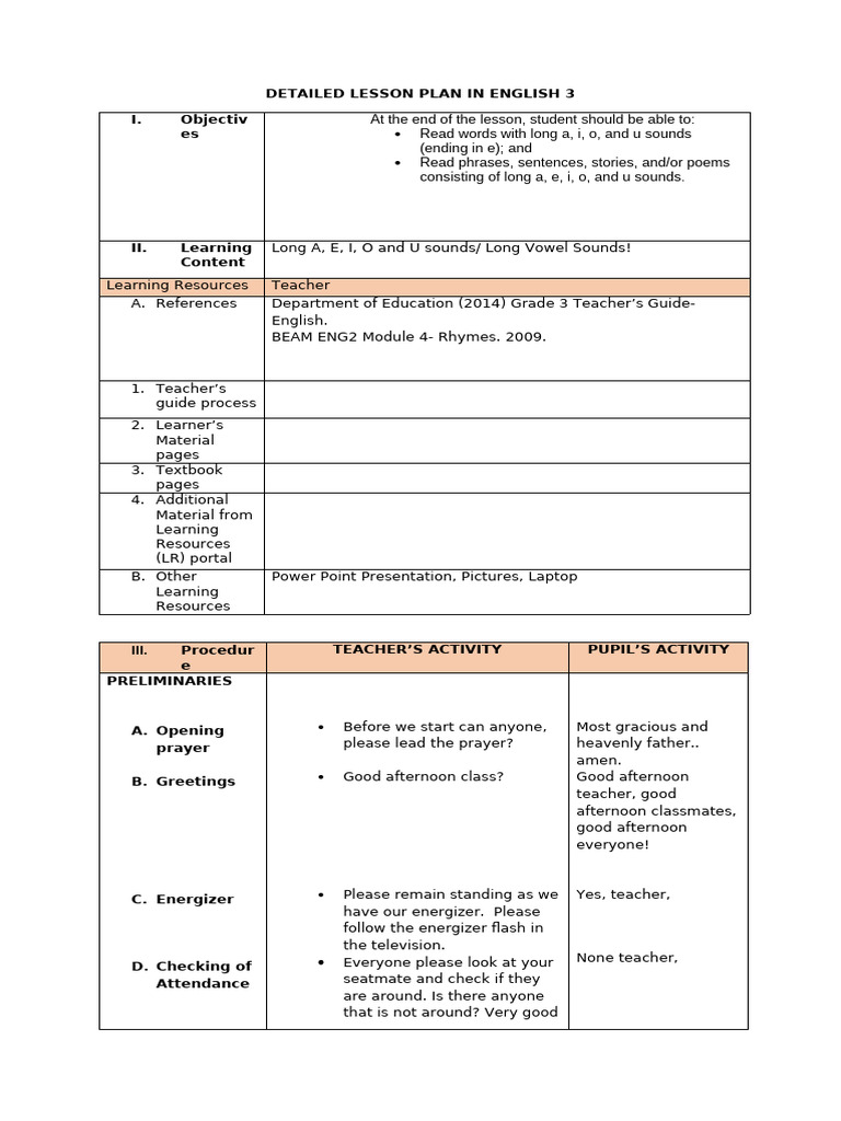 Long Vowel Sounds Lesson Plan | PDF | English Language | Lesson Plan