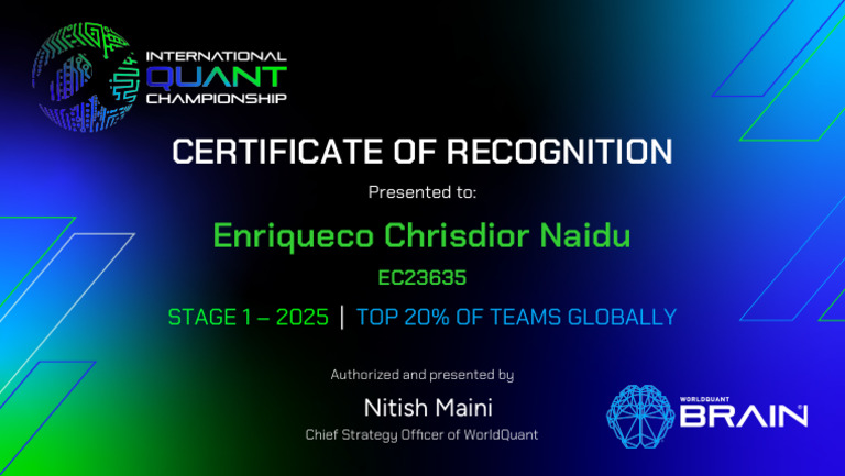 WorldQuant IQC2025 Stage 1 Certificate | PDF