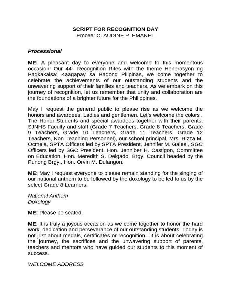 Recognition Day Emcee Script | PDF