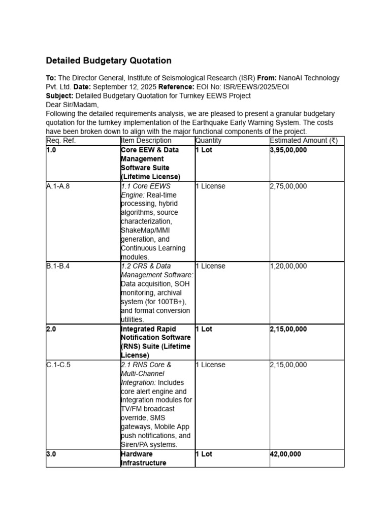 Detailed Budget Quotation for EEWS Project | PDF | Computing ...