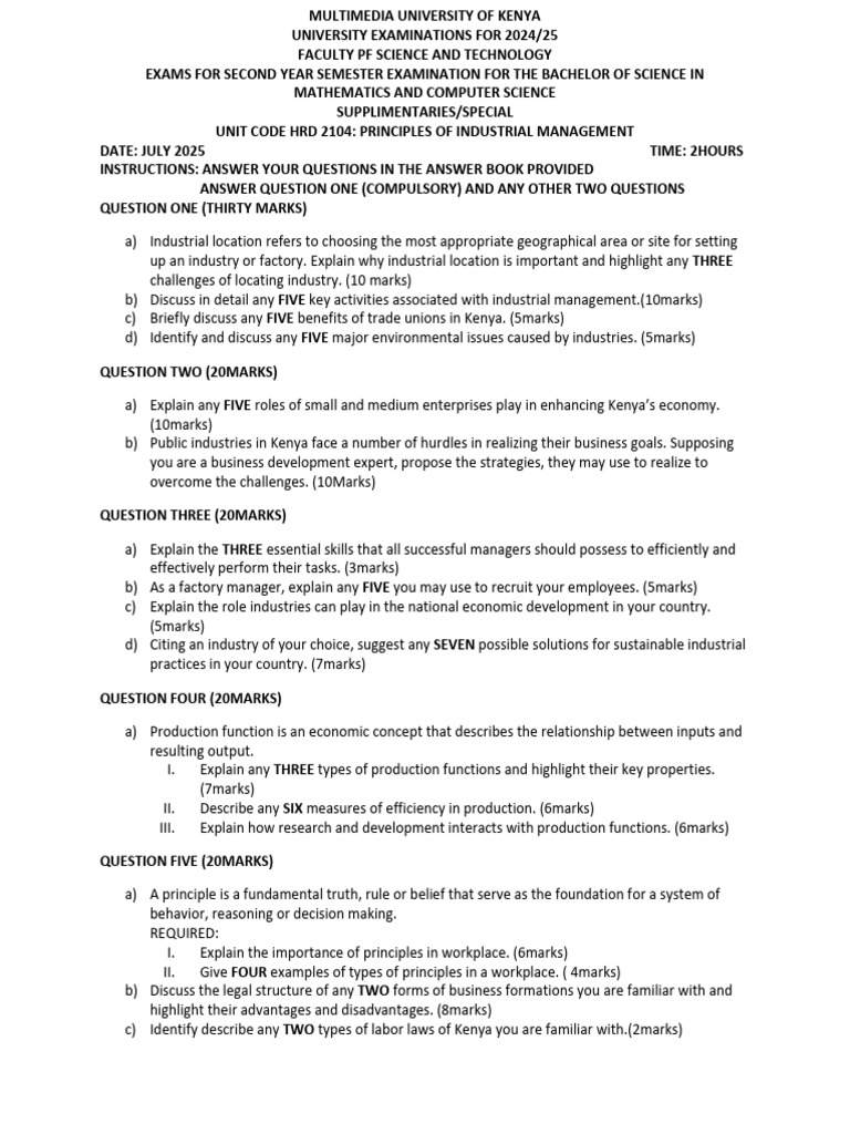 Multimedia University of Kenya Principles of Industrial Management ...