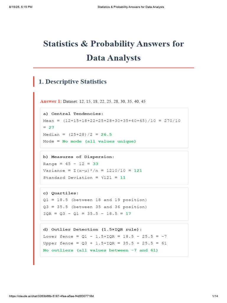 Data Analyst Statistics & Probability PDFs - Claude | PDF | Statistical ...