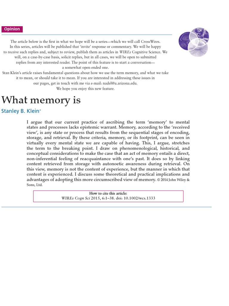 WIRES Cognitive Science - 2014 - Klein - What Memory Is - K2opt | PDF ...