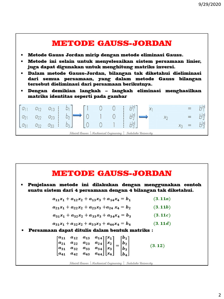 Metode Gauss-Jordan untuk Persamaan Linier | PDF