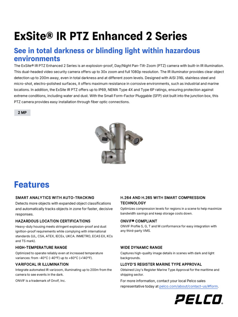 Pelco Exsite Enhanced 2ir Ptz Camera Specification Sheet En | PDF | Pixel