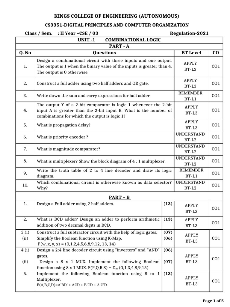 Cs3351 Digital Principles Computer Organization | PDF | Arithmetic | Electrical Circuits