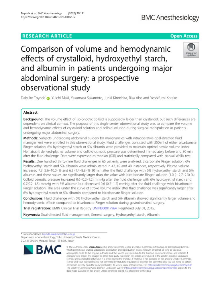 Comparison of Volume and Hemodynamic Effects of Crystalloid ...