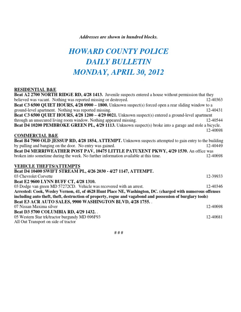 Howard County Police Daily Bulletin | PDF | Wheeled Vehicles | Vehicles