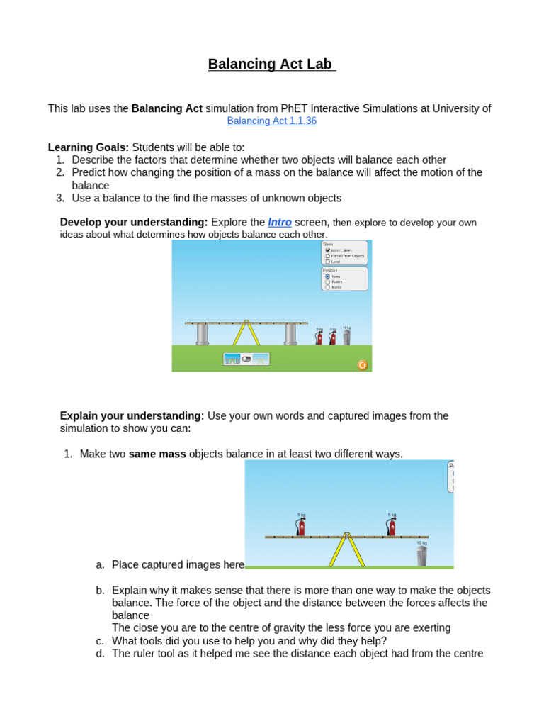 PhET Balancing Act Activity | PDF | Force | Mass