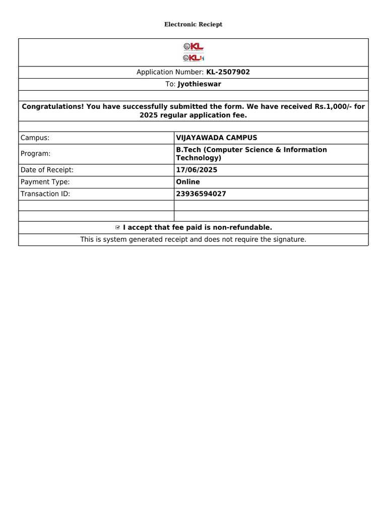 B.Tech Application Fee Receipt - Vijayawada | PDF