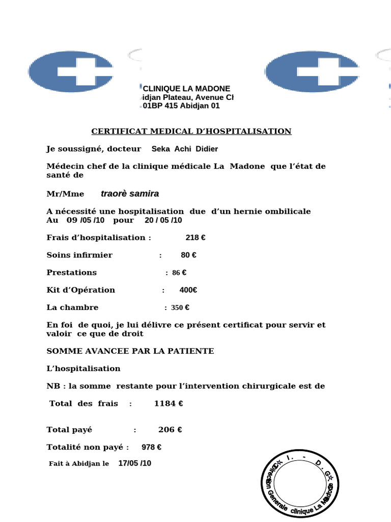Facture d'hospitalisation clinique | PDF
